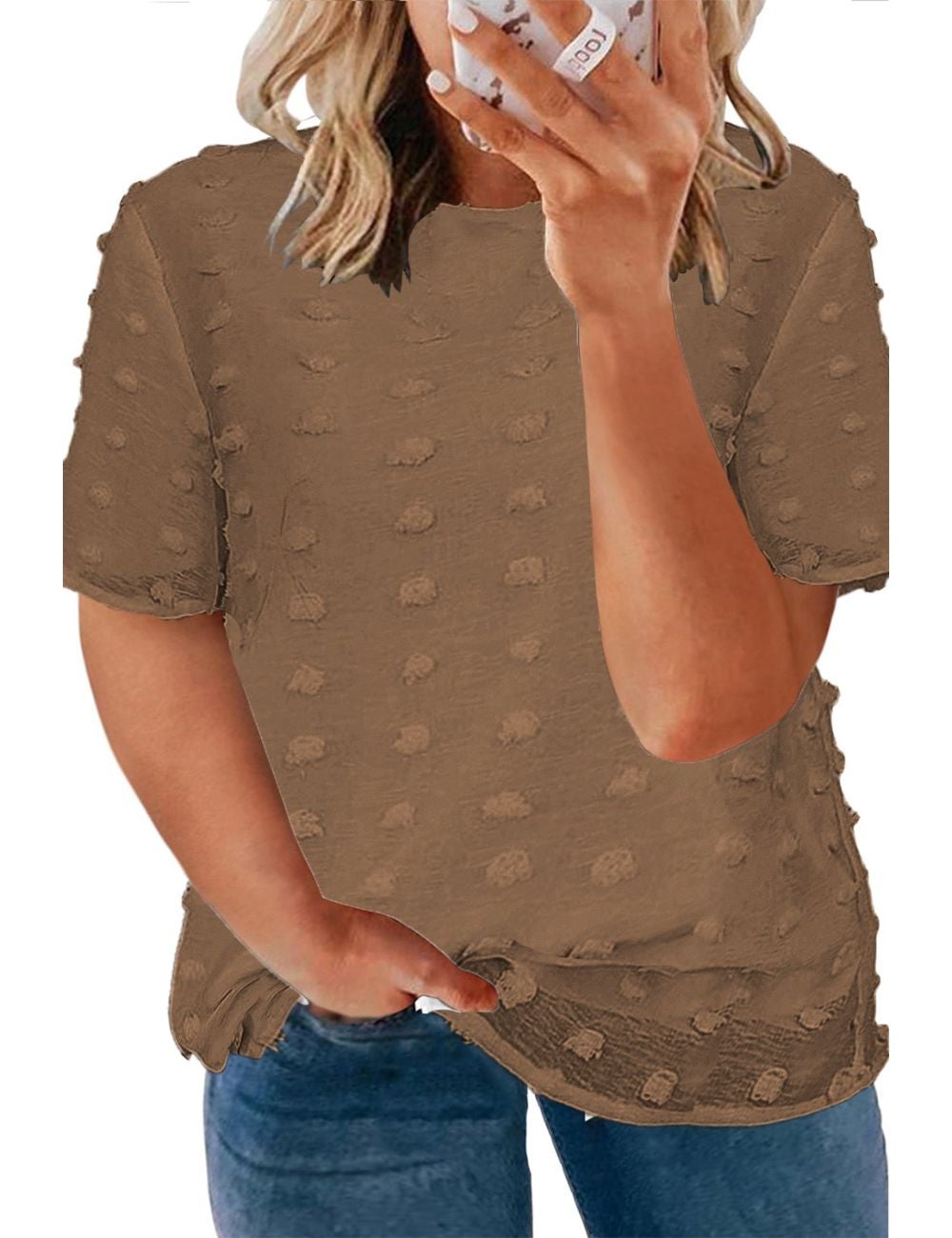 Brown Plus Size Swiss Dot Texture Short Sleeve Top Crossroads